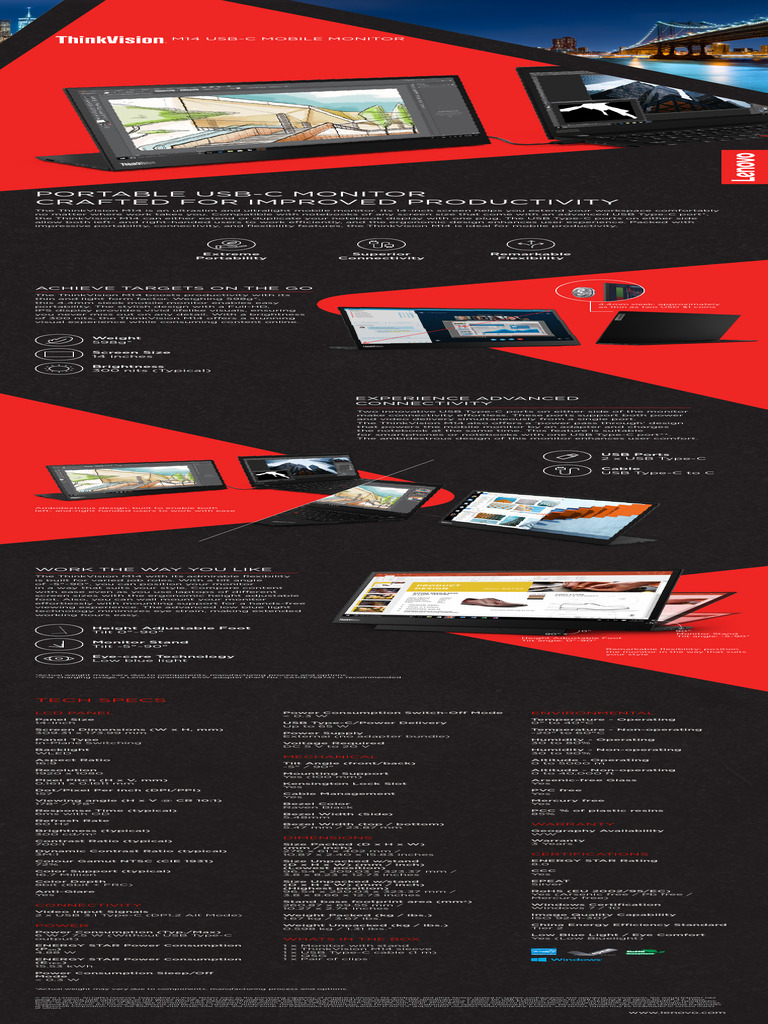 ThinkVision M14 Datasheet EN | PDF | Computer Monitor | Laptop