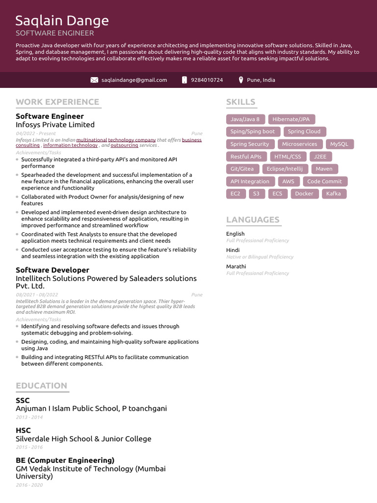 Pro-Resume-2024-10-30t12 59 30.938z-3yr Exp Java Dev Saqlain Dange | PDF | Java (Programming ...