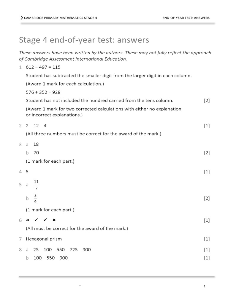 Prim Maths 4 2ed TR End of Year Test Answers | PDF | Mathematics