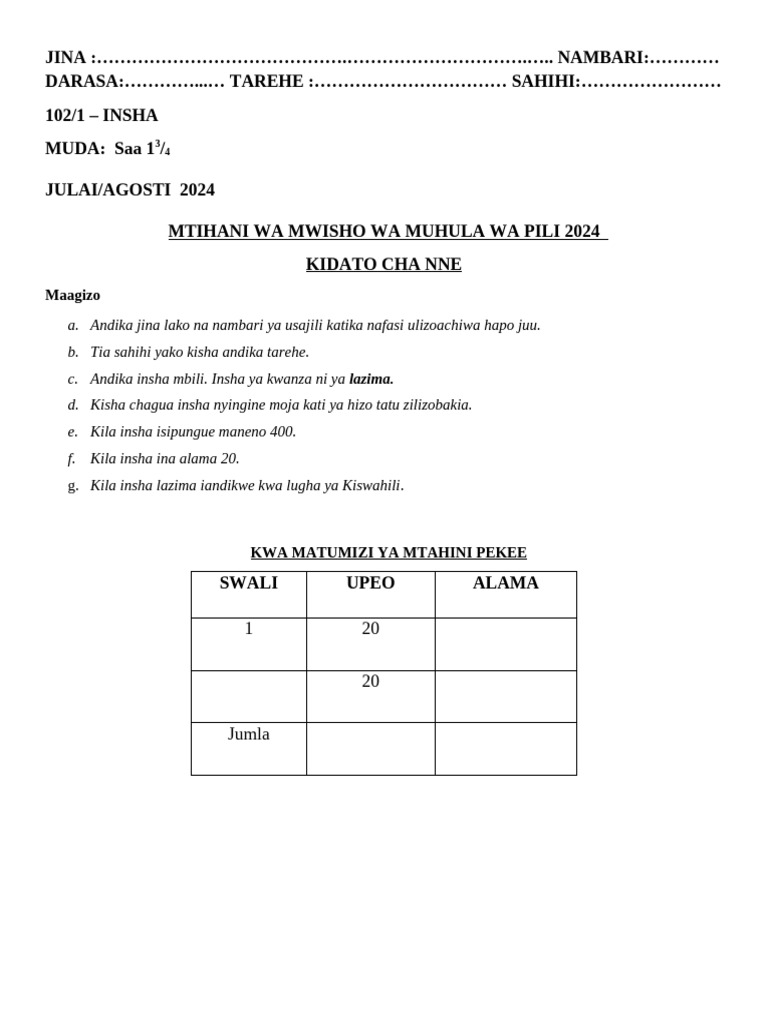 Kiswahili F4 PP1 2024 QS | PDF