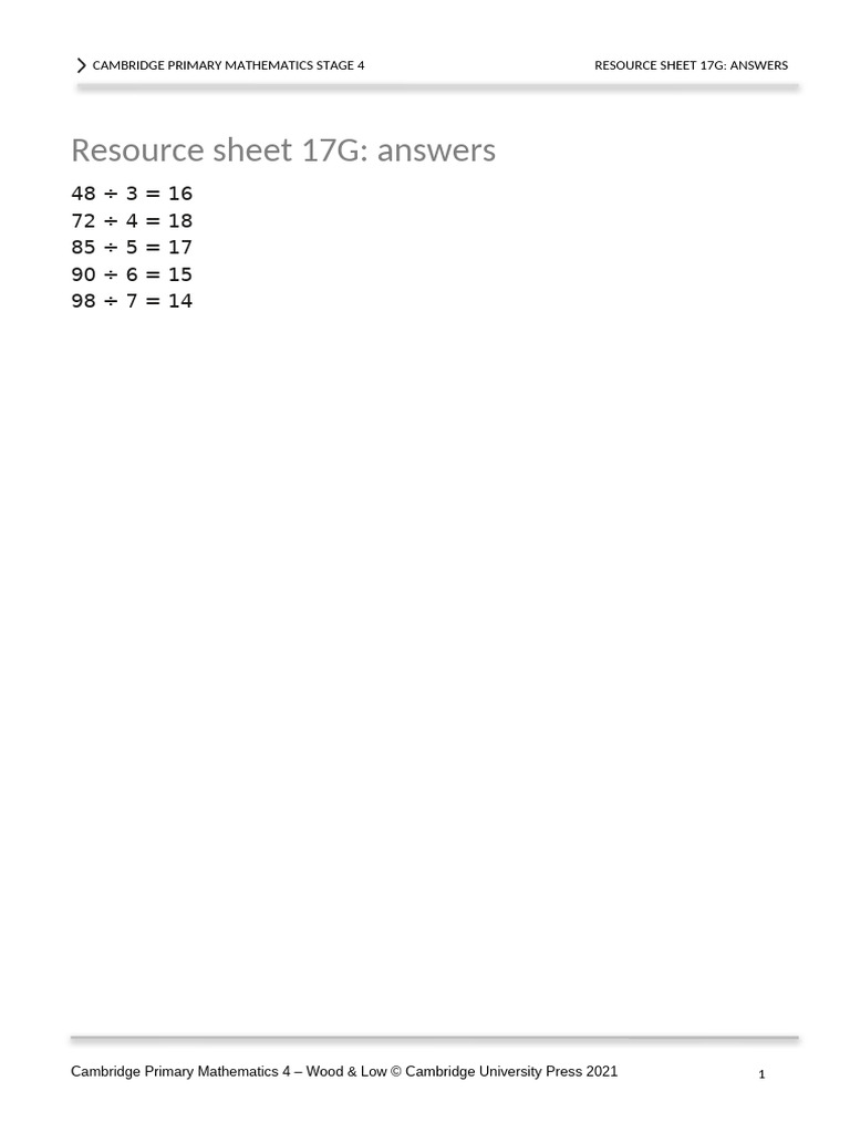 Prim Maths 4 2ed TR Resource Sheet Answers 17g | PDF