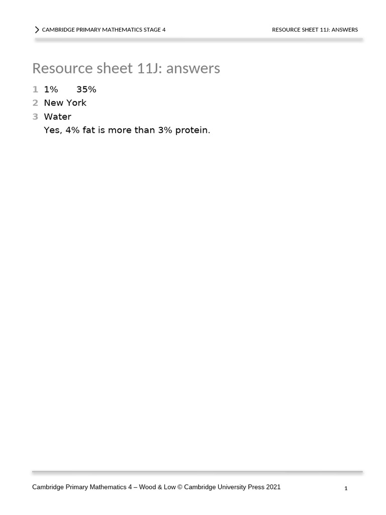 Prim Maths 4 2ed TR Resource Sheet Answers 11j | PDF