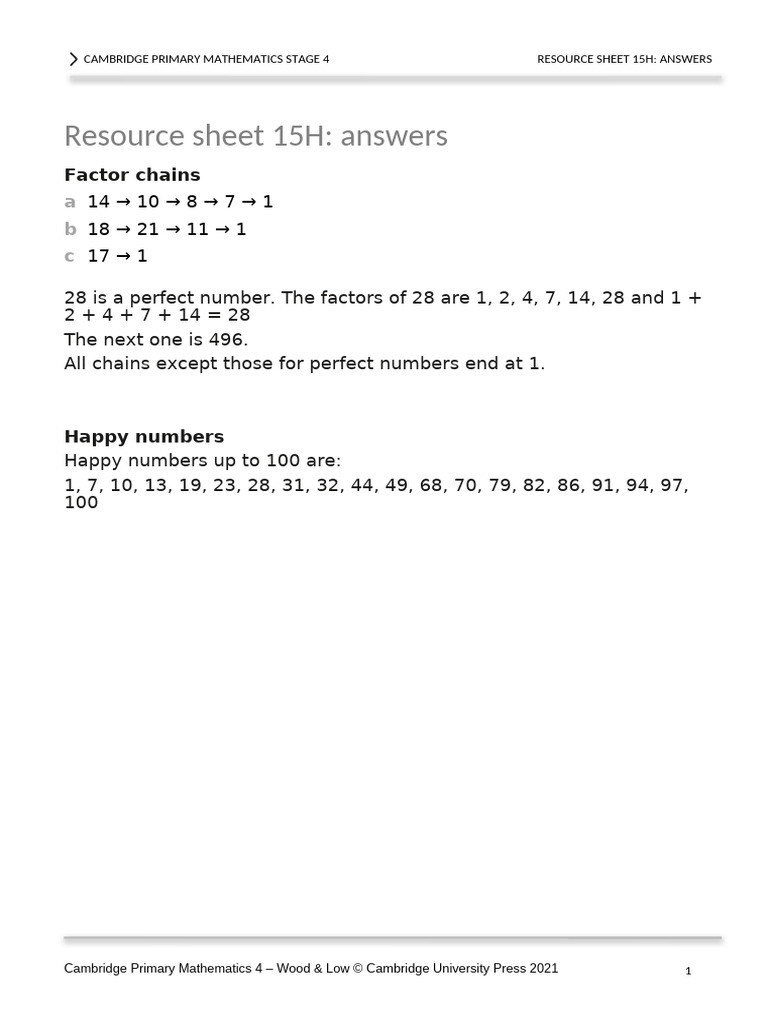 Prim Maths 4 2ed TR Resource Sheet Answers 15h | PDF