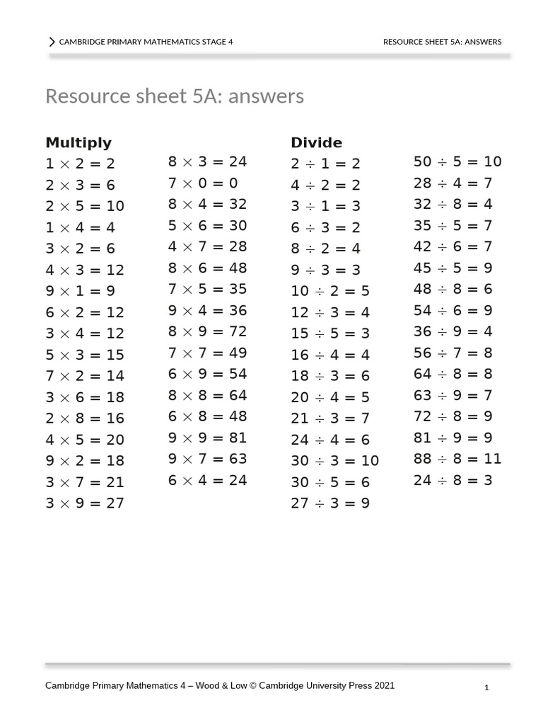 Prim Maths 4 2ed TR Resource Sheet Answers 5a | PDF