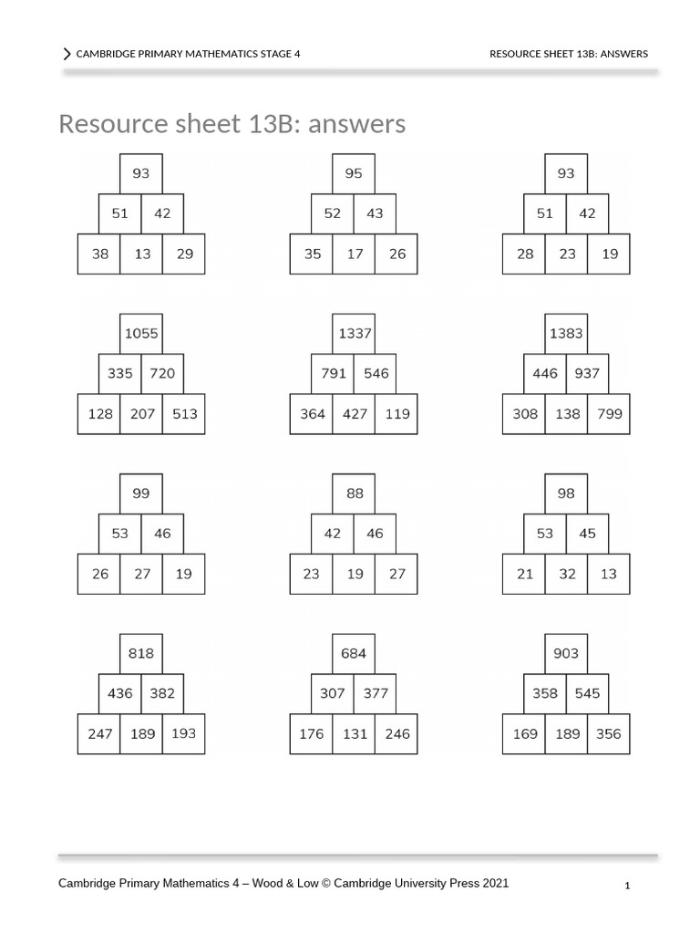 Prim Maths 4 2ed TR Resource Sheet Answers 13b | PDF