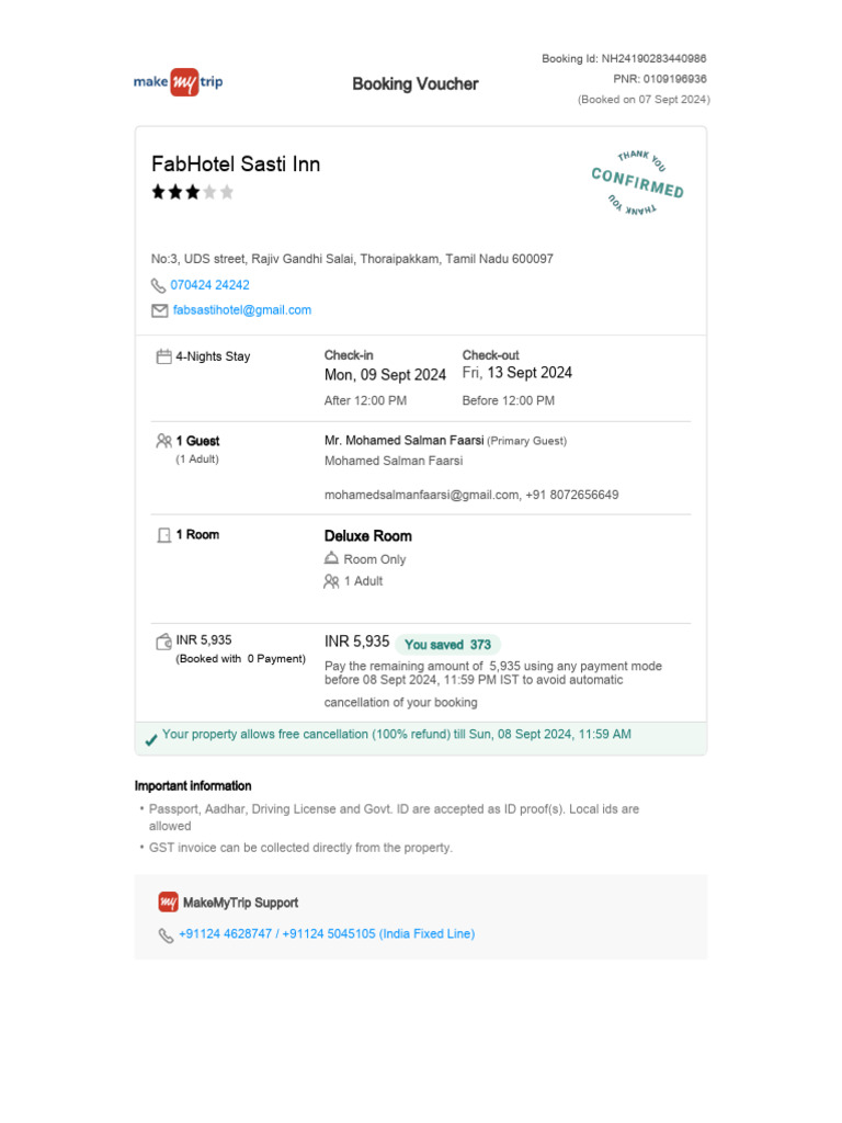 Booking Confirmation Voucher SEPT - CHN | PDF