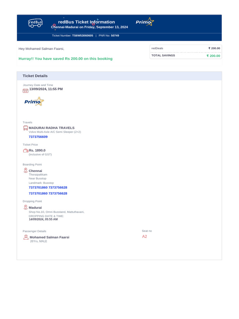 Bus - Ticket - TS6W53560605 CHN - MDU | PDF