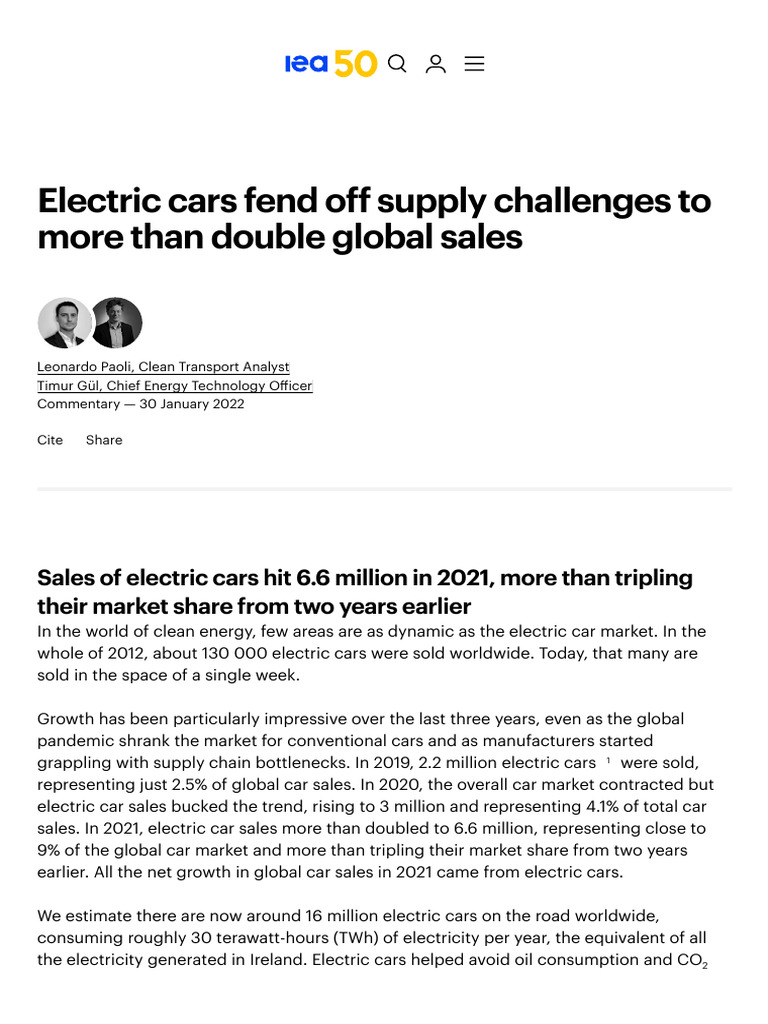 IEA-Electric Cars Fend Off Supply Challenges To More Than Double Global ...