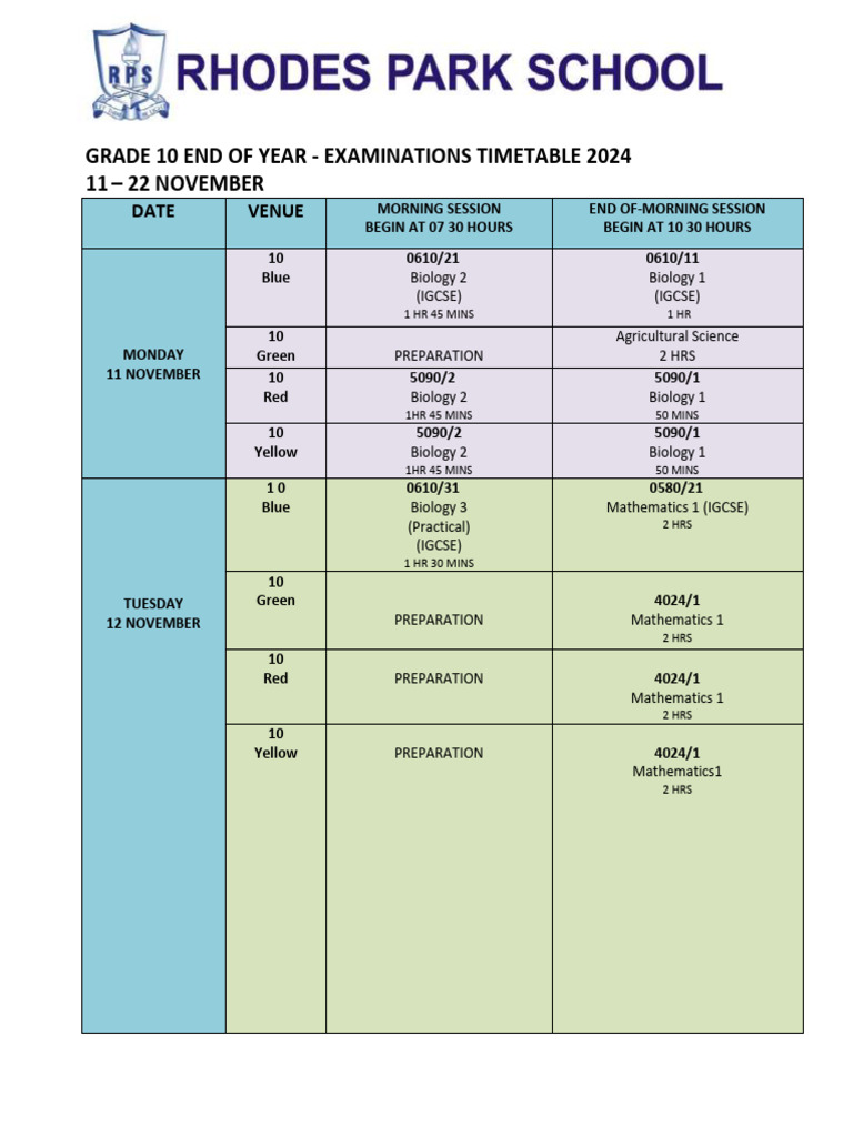 2024 Grade 10 End of Year - Examination Time Table-1 | PDF