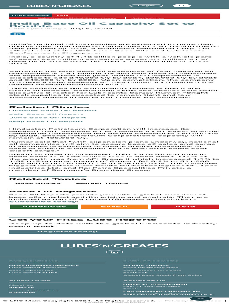 India Base Oil Capacity | PDF | Oils | Petroleum