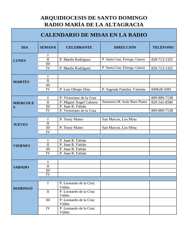 Calendario de Misa en R. Maria | PDF