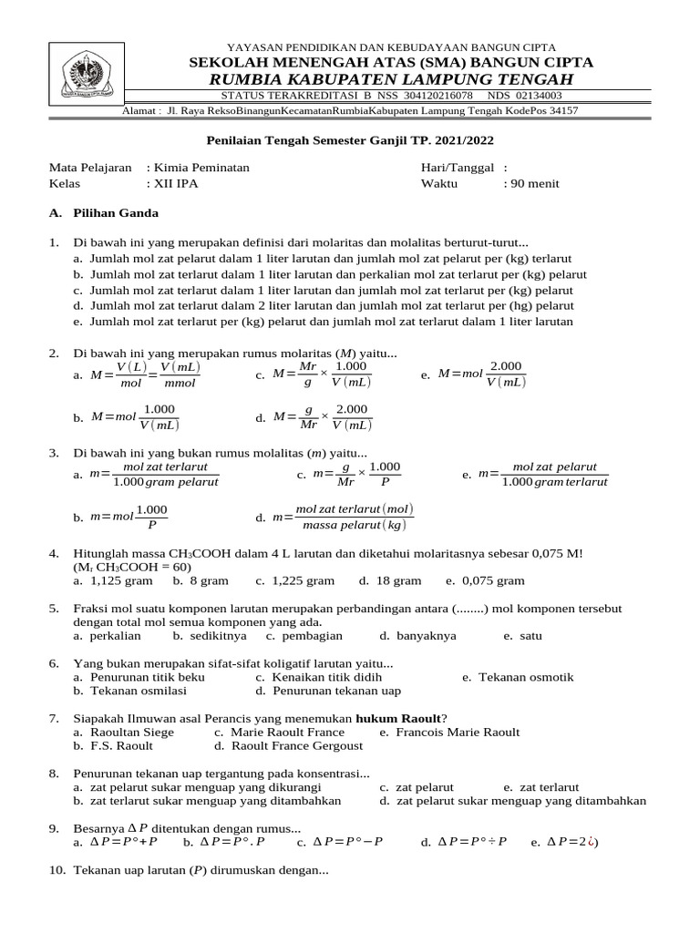 Soal UTS Ganjil Kimia Kelas XII IPA | PDF