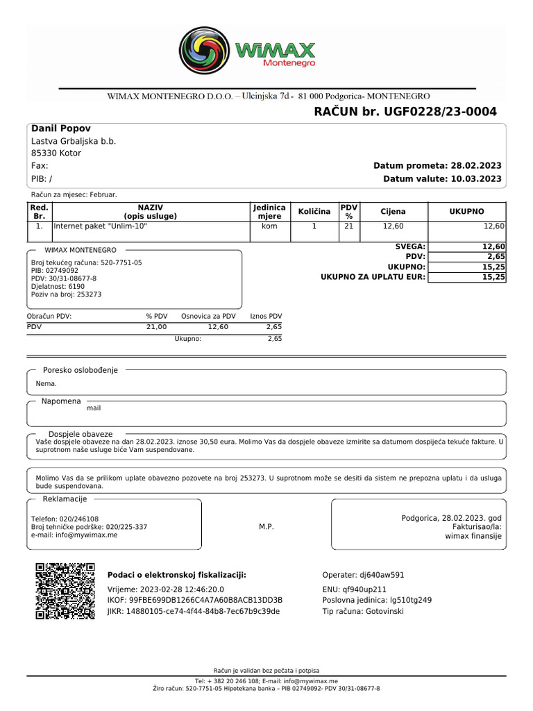 RAČUN Br. UGF0228/23-0004: Danil Popov | PDF