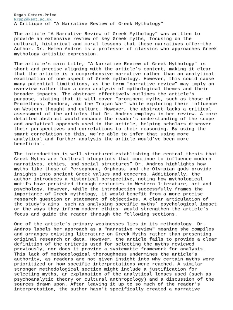 Critique of Greek Mythology Review | PDF | Narrative | Greek Mythology