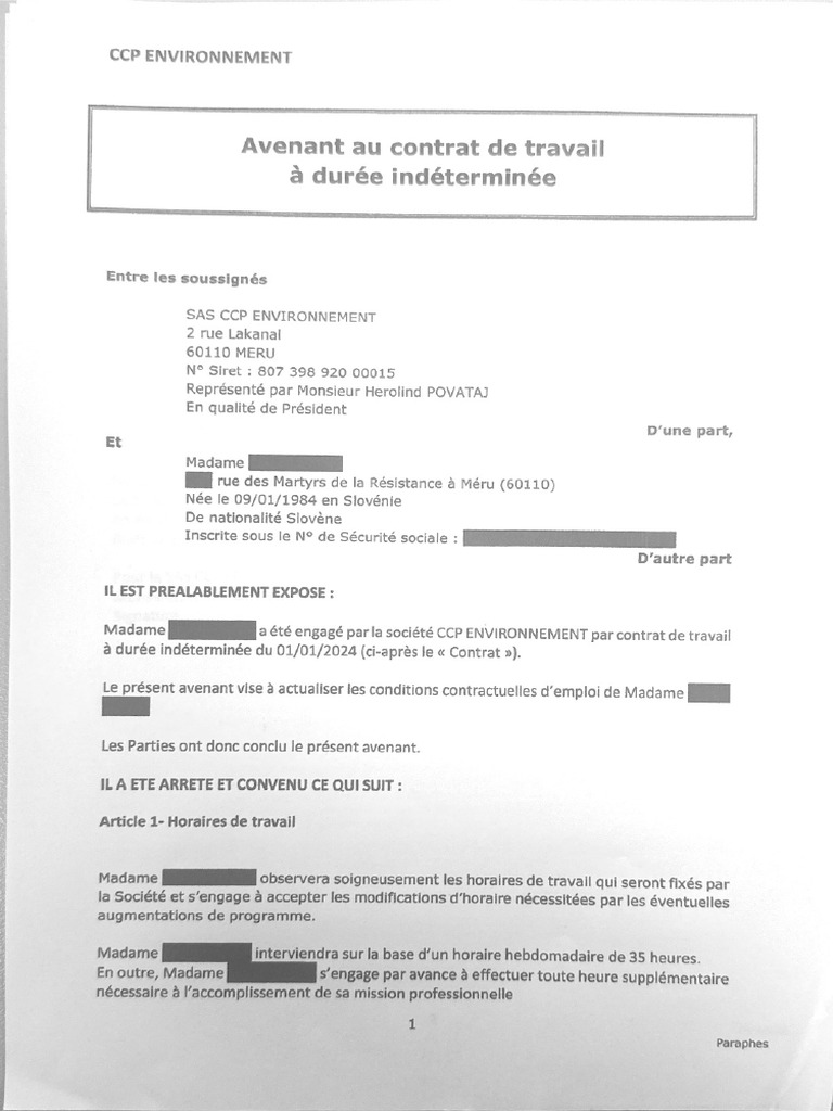 Avenant Au Contrat de Travail À Durée Indéterminée | PDF