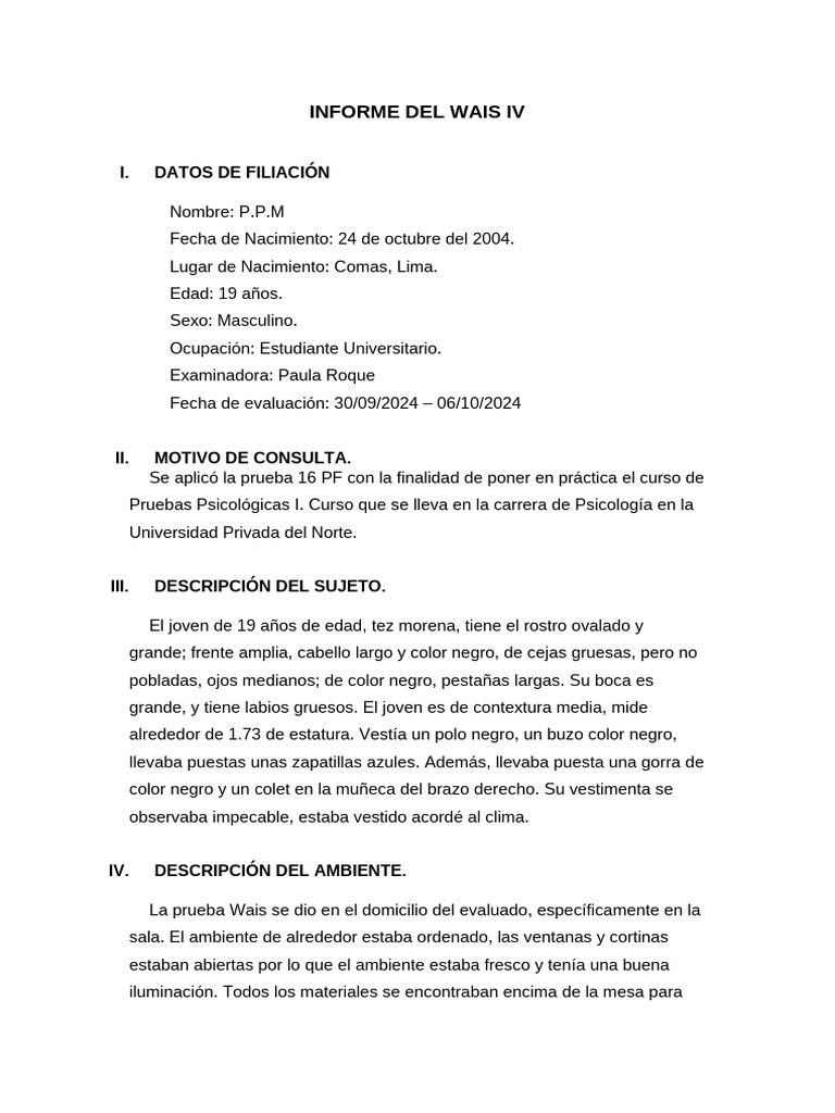 Informe Del Wais Iv | PDF | Escala de inteligencia para adultos de ...