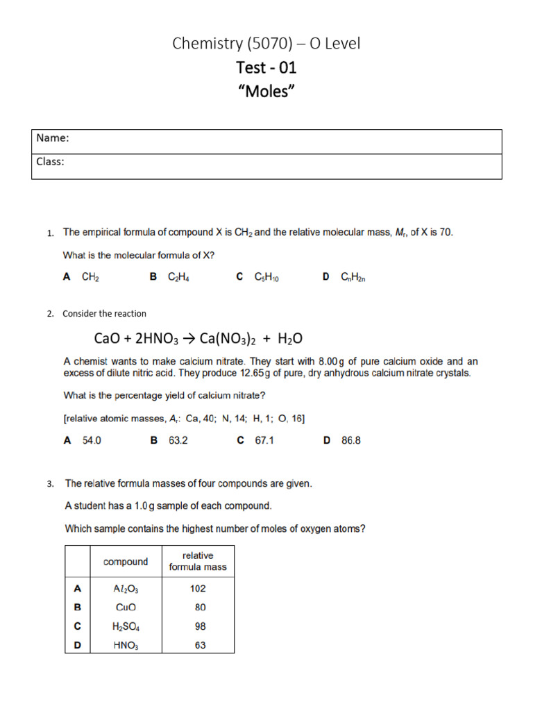 Qp-Moles Test 1 (Basic Concept & Stoichiometry) | PDF