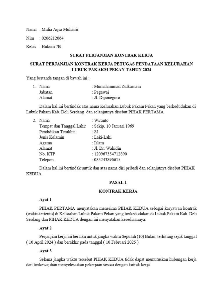 Surat Perjanjian Kontrak Kerja Mulia Aqsa Muhairir | PDF