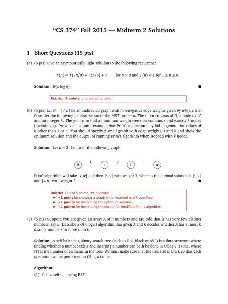 Fall 2015 Midterm 2 Solutions W Rubrics | PDF | Theoretical Computer Science | Graph Theory