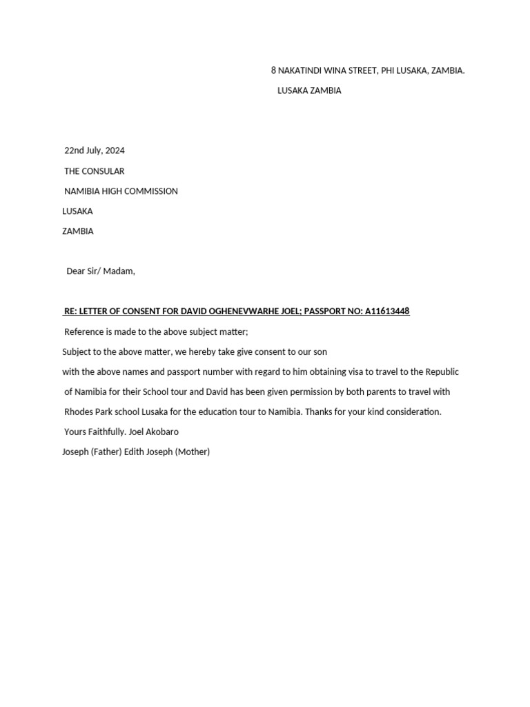 Consent Letter for David Joel's Visa | PDF