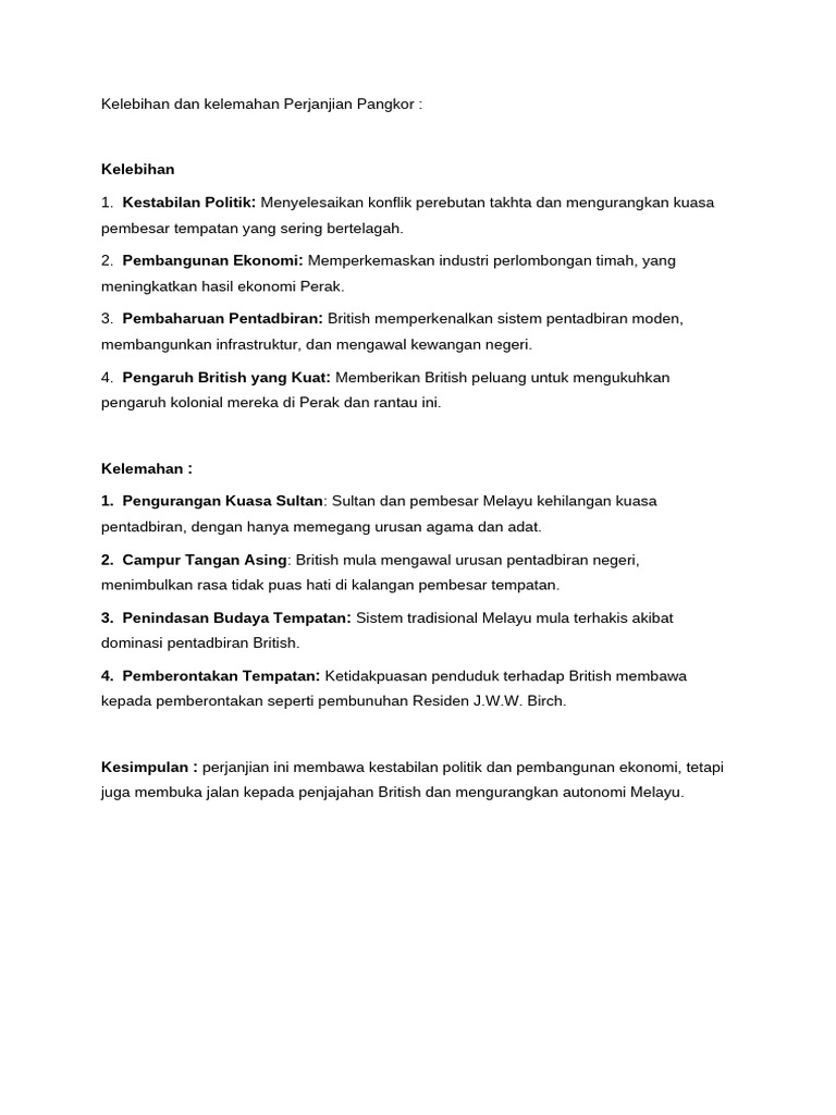 Kelebihan Dan Kelemahan Perjanjian Pangkor | PDF