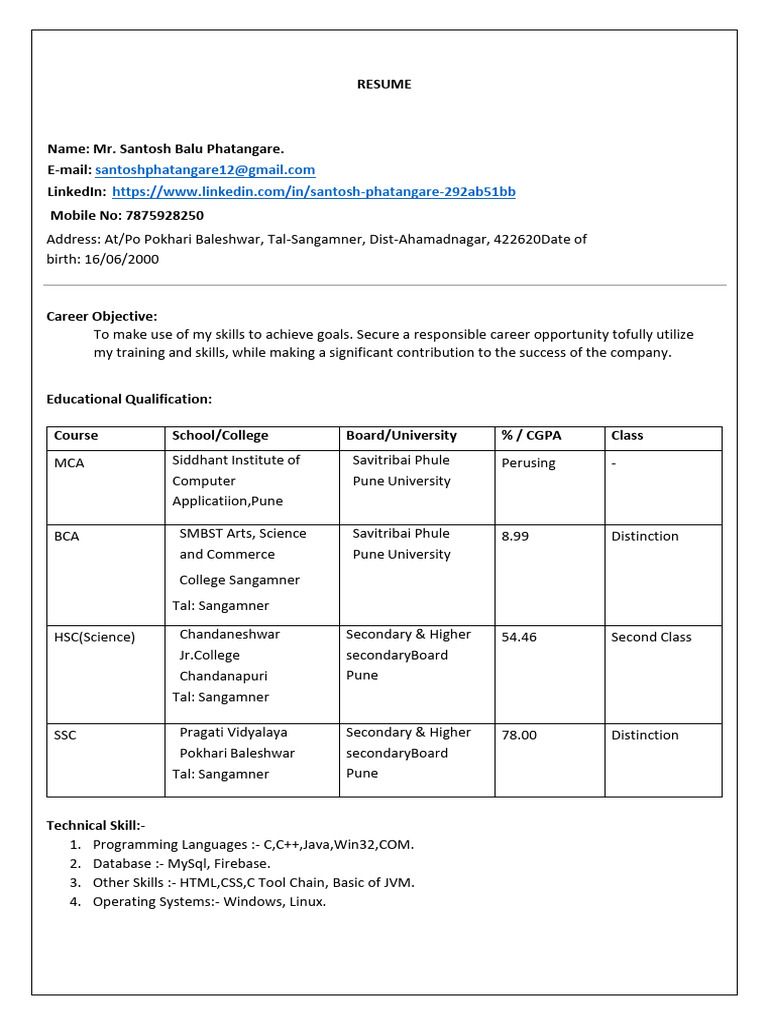 Santosh Balu Phatangare Resume | PDF | Java (Programming Language) | Software Development