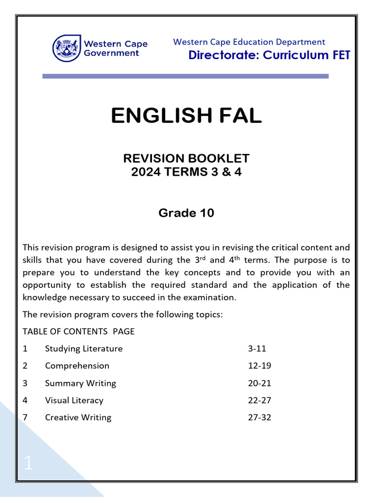 Grade 10 English Revision Booklet 2024 | PDF | Reading Comprehension ...