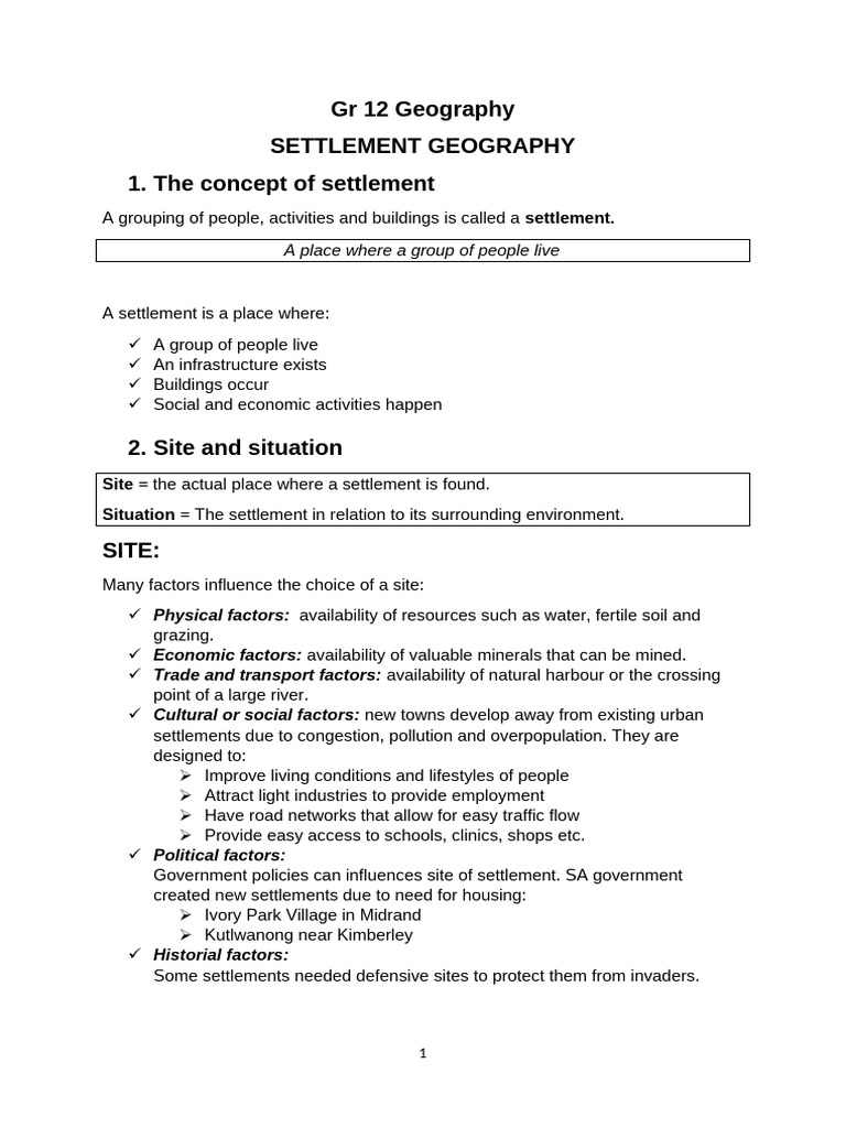 GR 12 Settlement Geography Part 1 Summaries | PDF | Village | Urban Area