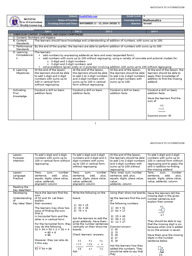 DLL Matatag - Mathematics 1 - Q2 - W7 | PDF | Curriculum | Learning
