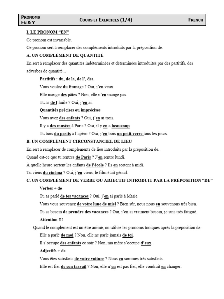 Exercices sur les pronoms EN et Y | PDF | Pronom | Adposition