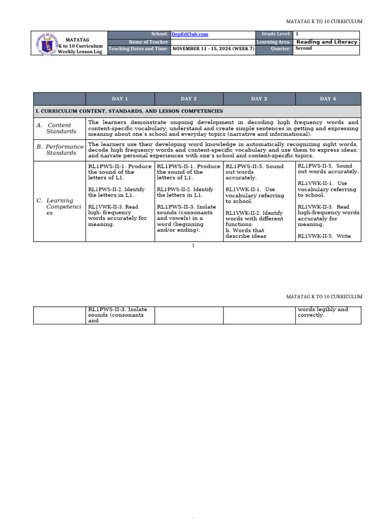DLL MATATAG_READING&LITERACY 1_Q2_W7 | PDF | Vocabulary | Cognitive Science