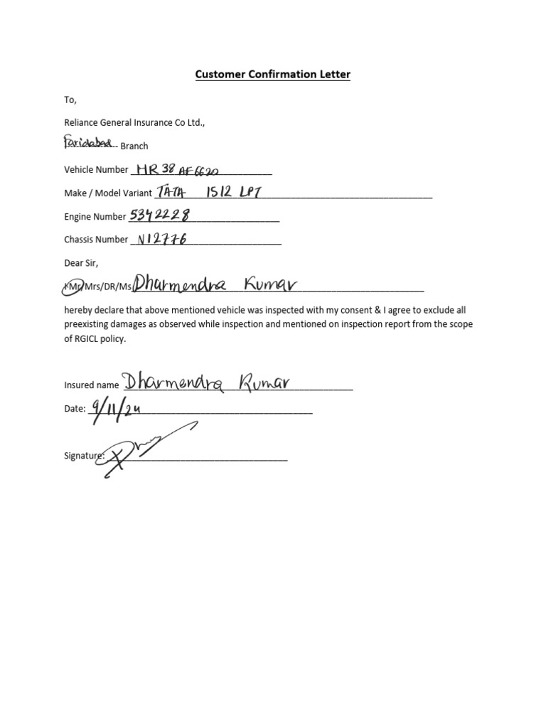 Vehicle Inspection Confirmation Letter | PDF | Finance & Money ...