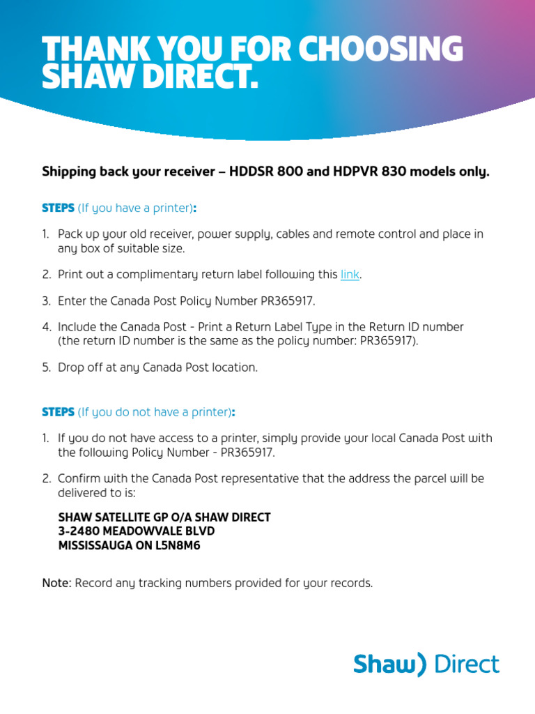 Return Shaw Direct Receivers Guide | PDF