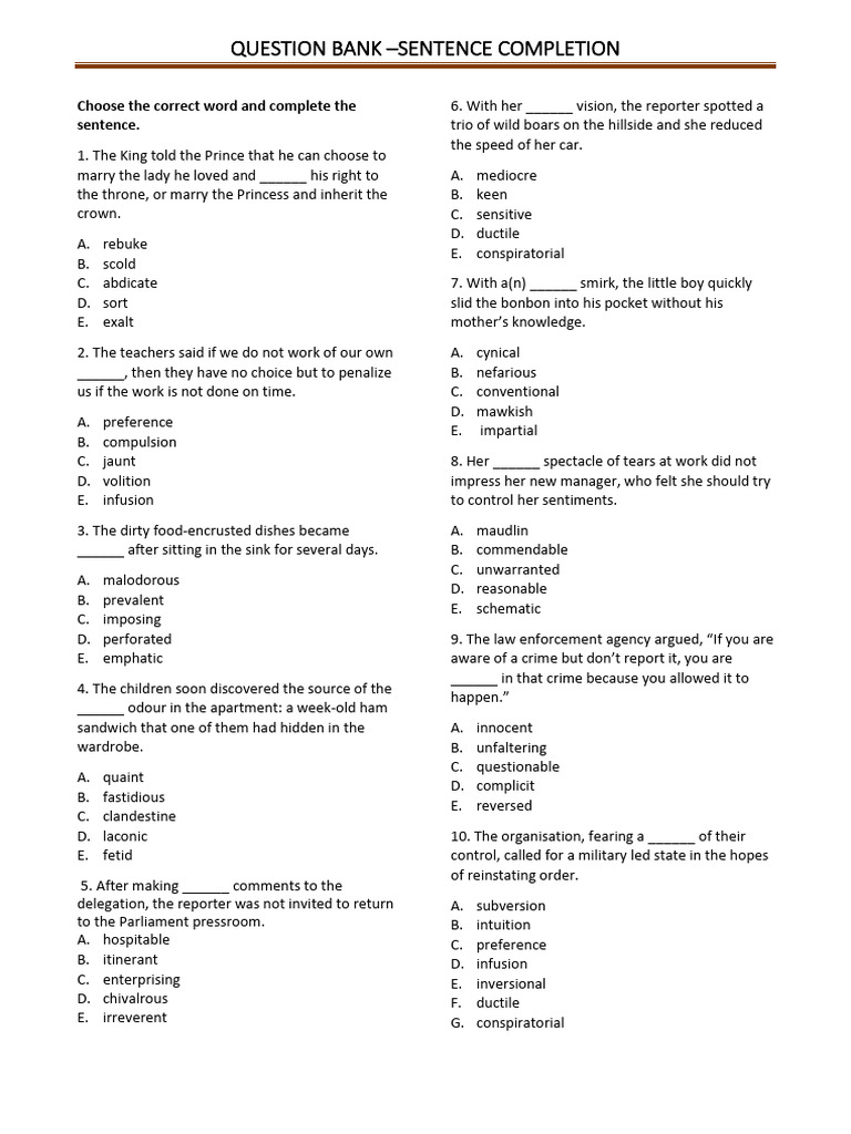 Sentence Completion Question Bank | PDF