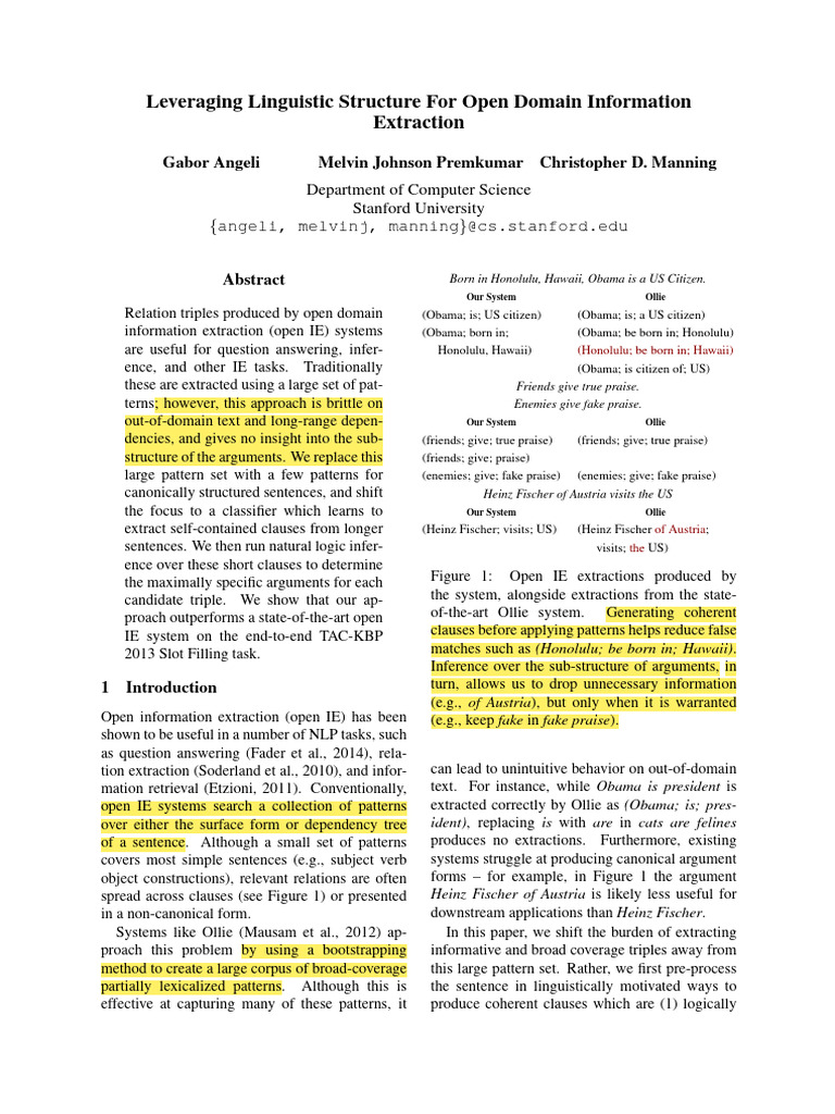 Leveraging Linguistic Structure For Open Domain Information Pdf Parsing Logic