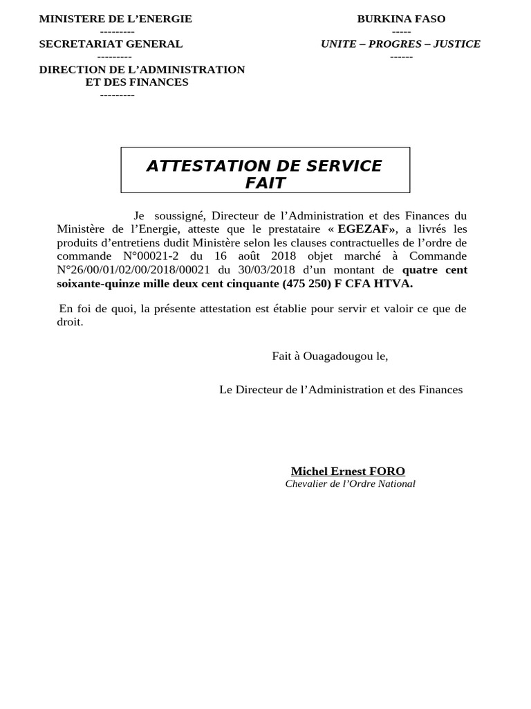 Attestation de service - Ministère de l'Énergie | PDF