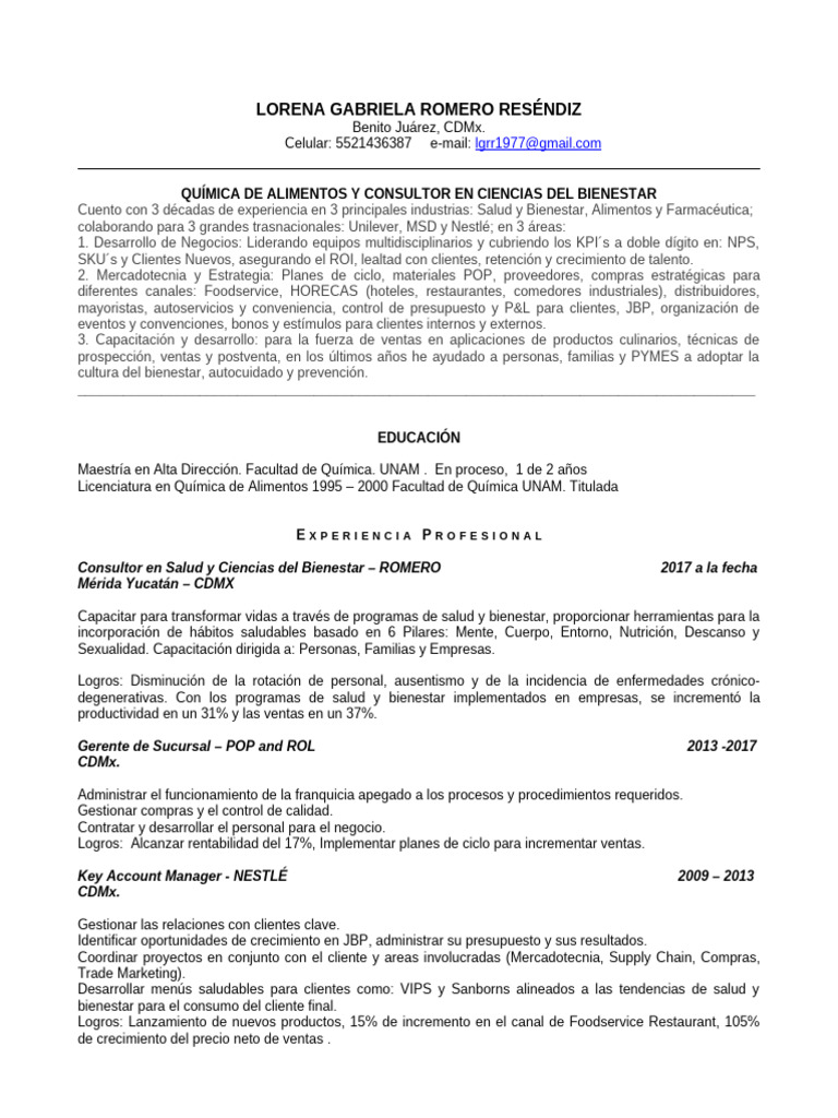 CV Lorena Romero 2024 | PDF | Marketing | Alimentos