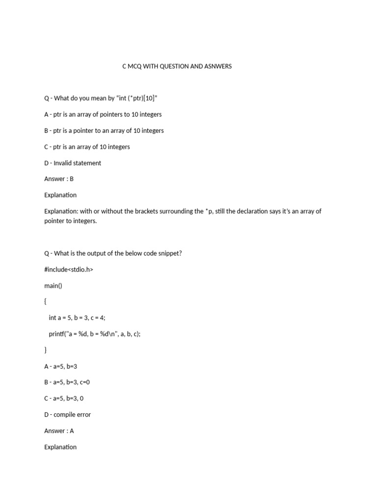 C Mcq With Question And Asnwers Pdf Pointer Computer Programming Parameter Computer