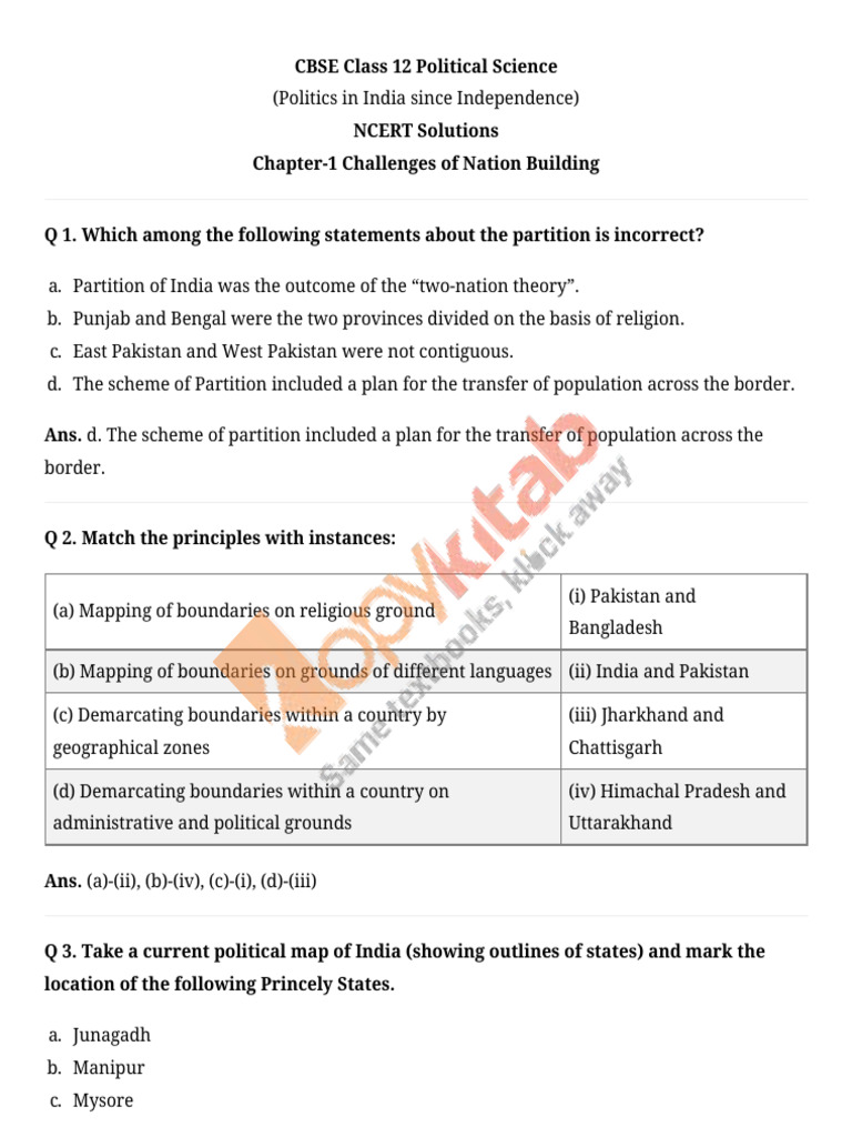 NCERT Solutions For Political Science Challenges of Nation Building ...