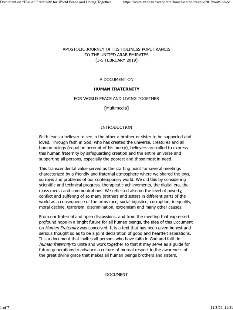 Human Fraternity for World Peace | PDF | Catholic Church | Justice