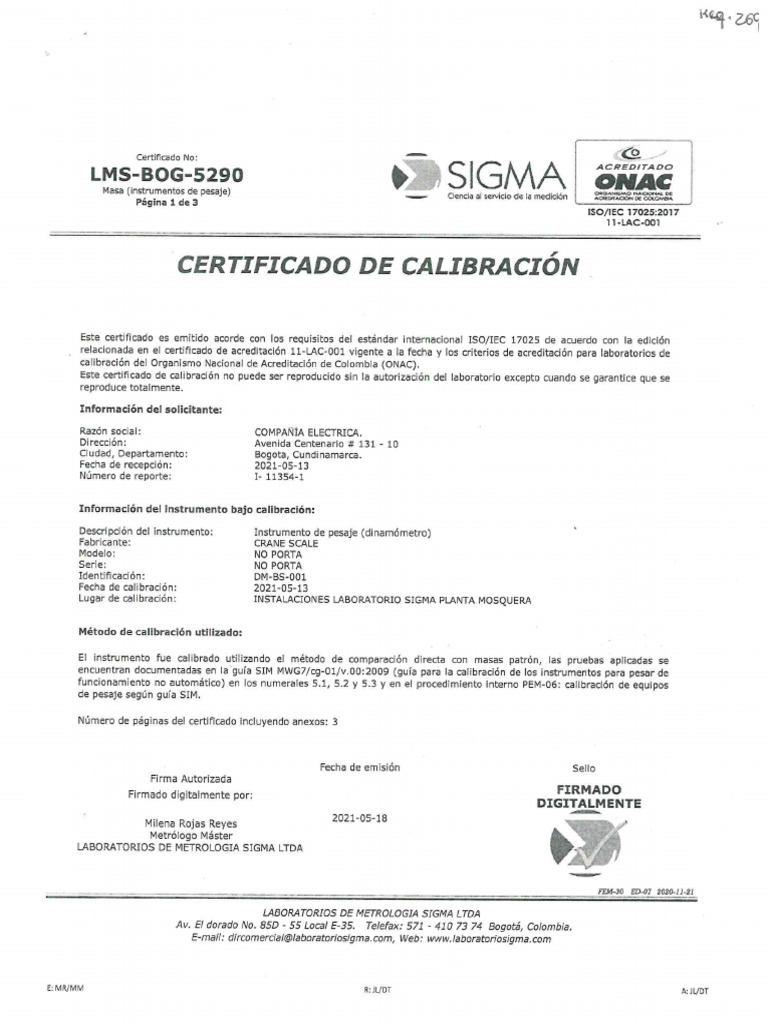 Certificado LMS-BOG-5290 - SIGMA - Báscula 5.000 KG | PDF