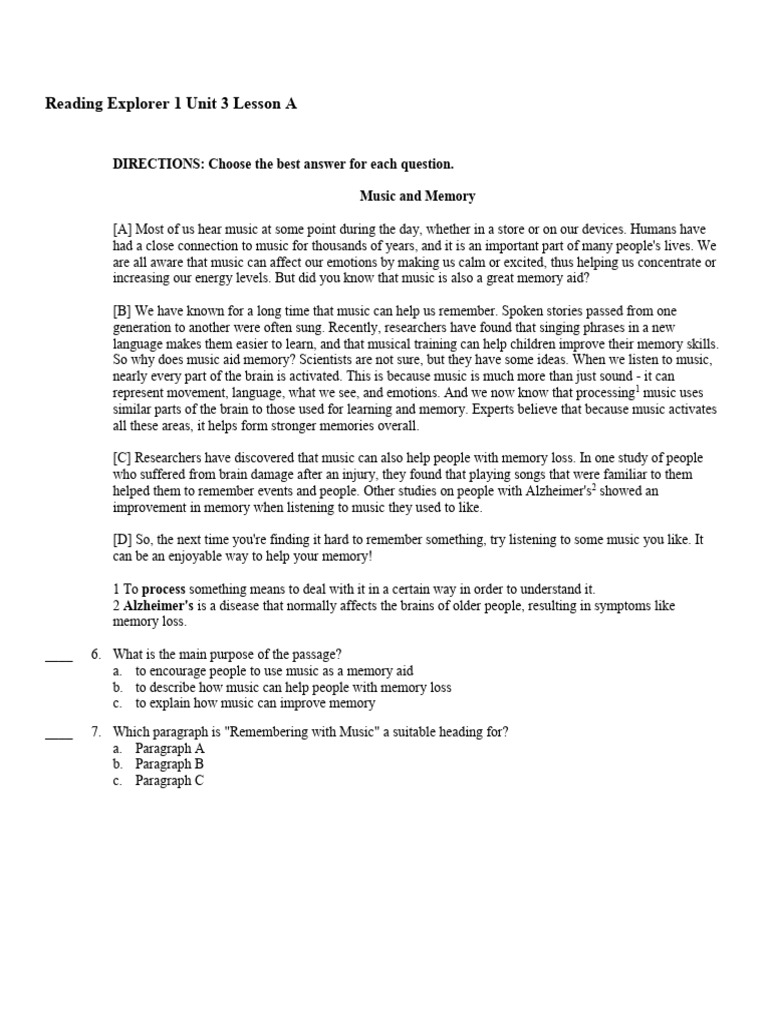 Reading Explorer 1 Unit 3 Lesson A | PDF | Memory | Amnesia