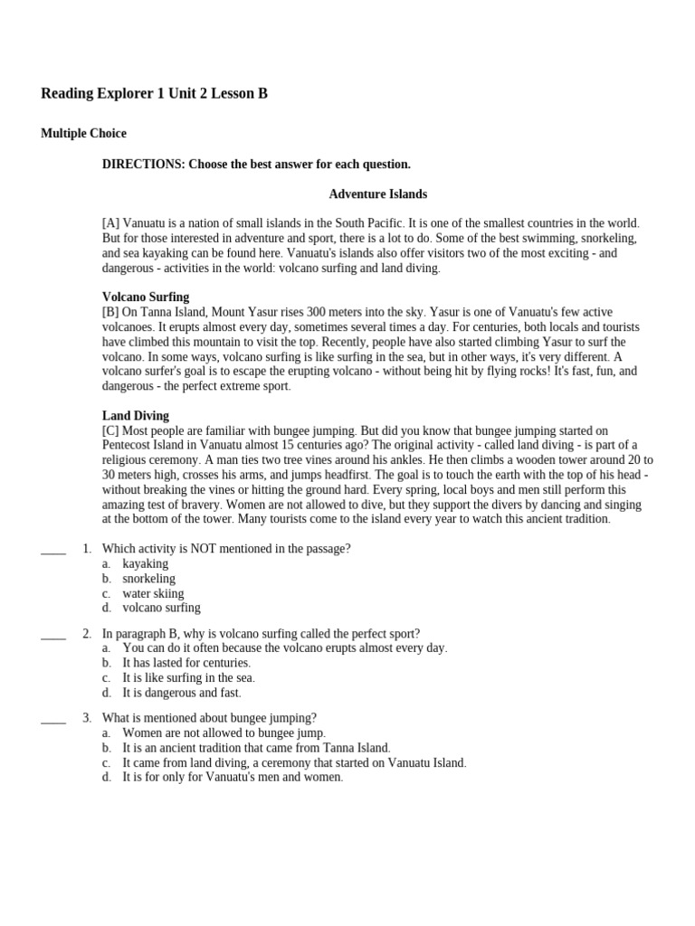 Reading Explorer 1 Unit 2 Lesson B | PDF | Parachute