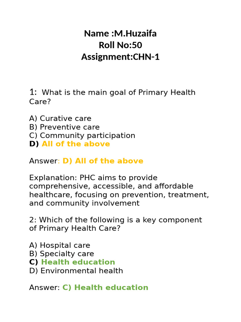 Name:M.Huzaifa Roll No:50 Assignment:CHN-1: All of The Above D) All of The Above | PDF | Health ...