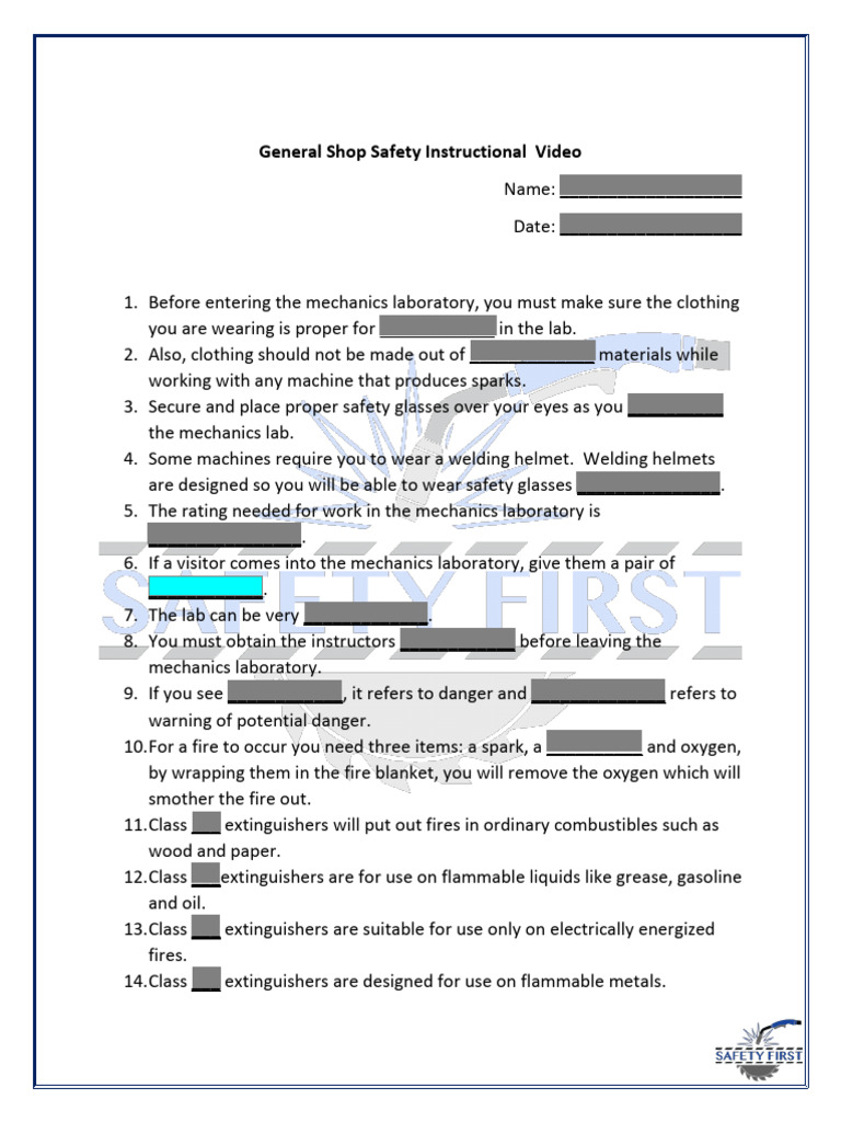 Fillable General Shop Safety Video Worksheet | PDF | Fires