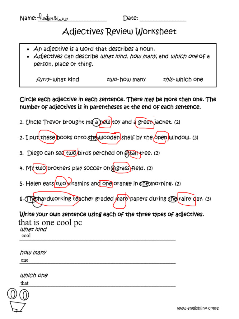 Hunter Hicks - Adjectives-Review-Worksheet | PDF