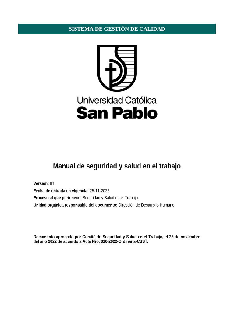 Manual SST - UCSP | PDF | Riesgo | Seguridad y salud ocupacional