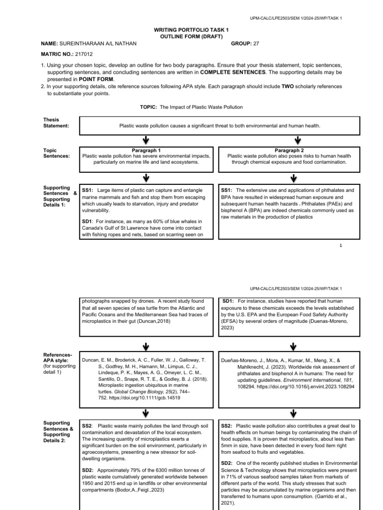 Lpe2503 Writing Portfolio Task 1 (Outline Form - Draft) | PDF | Pollution | Plastic
