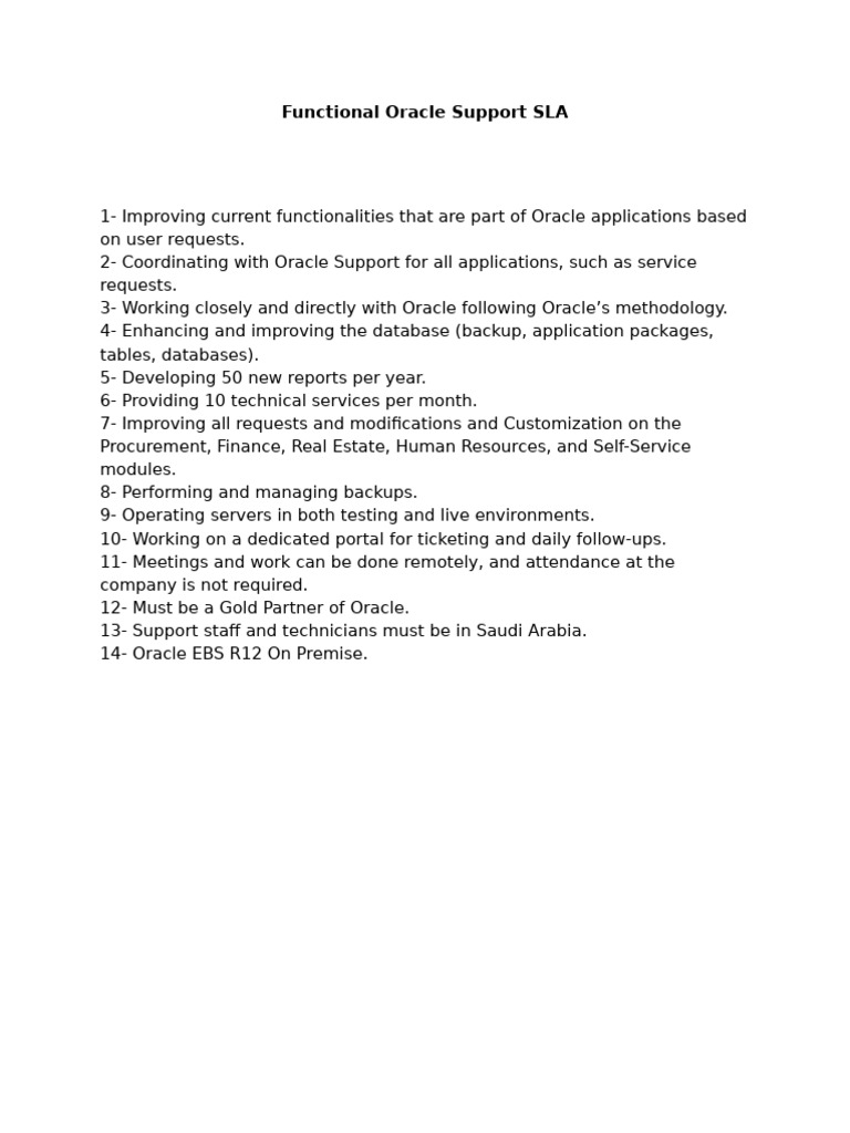 Functional Oracle Support SLA | PDF