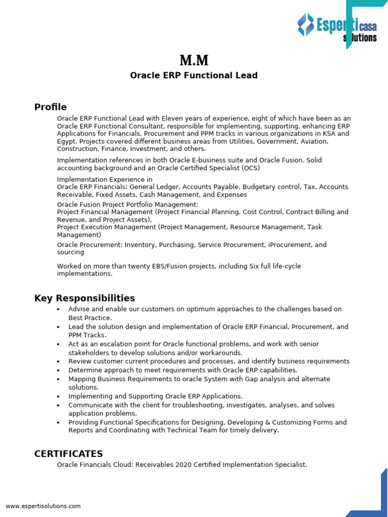 M.M Oracle ERP Functional Lead C.V | PDF | Enterprise Resource Planning ...